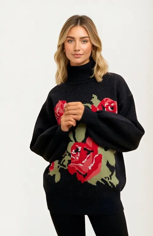 KNIT & LOUNGE Floral Turtleneck Sweater