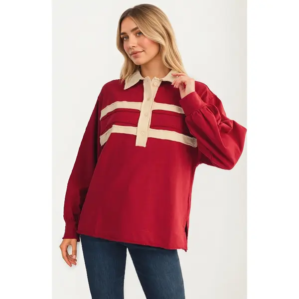 KNIT & LOUNGE Contrast Trim Collared Pullover Top