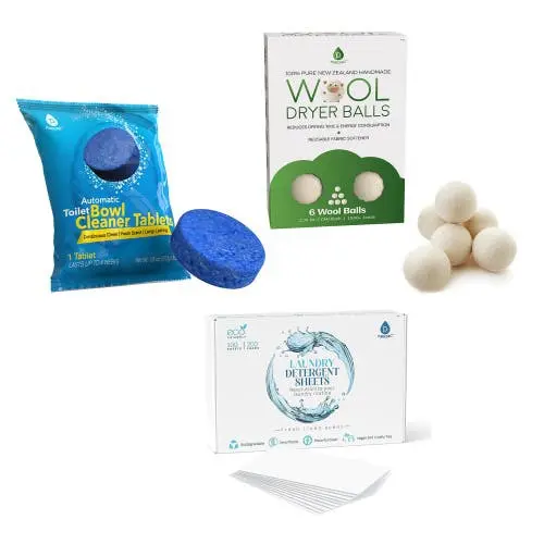 PURSONIC Eco Home Essentials Bundle Toilet Cleaner Tablets + Wool Dryer Balls + Eco Laundry Detergent Sheets - White