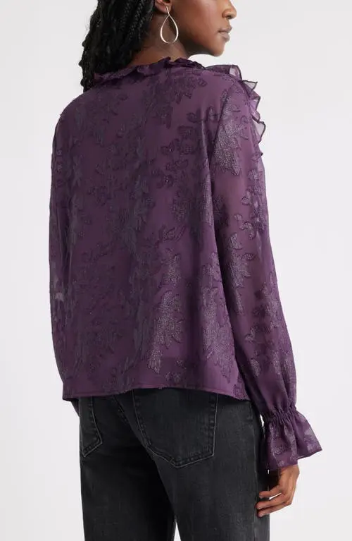 Treasure & Bond Ruffle Neck Chiffon Top - Purple Bramble
