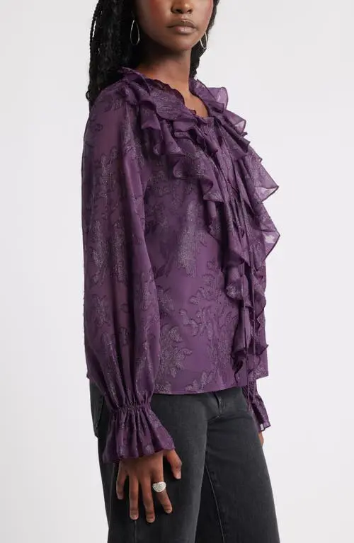 Treasure & Bond Ruffle Neck Chiffon Top - Purple Bramble