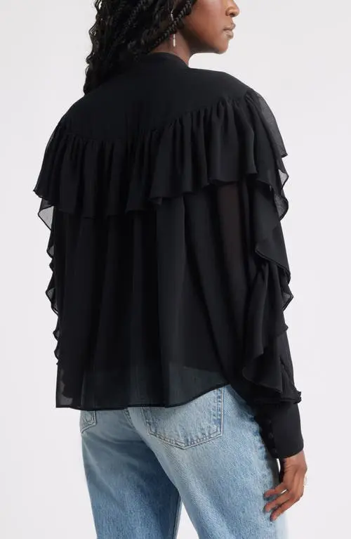 Treasure & Bond Tie Neck Ruffle Chiffon Top - Black