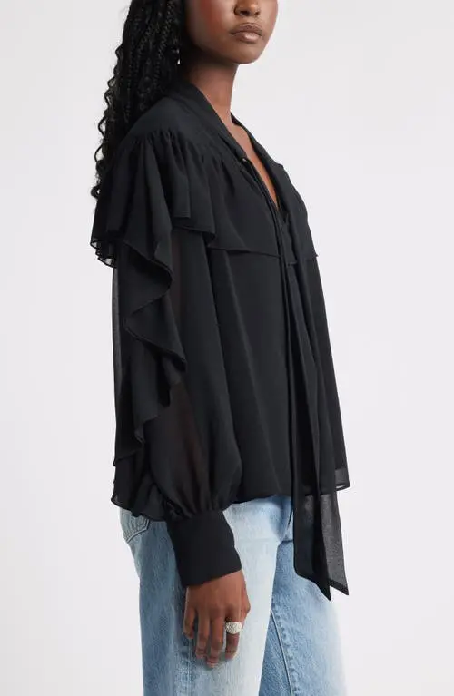 Treasure & Bond Tie Neck Ruffle Chiffon Top - Black