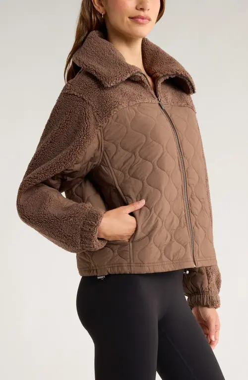 Zella Faux Shearling & Quilted Nylon Hybrid Jacket - Brown Quartz