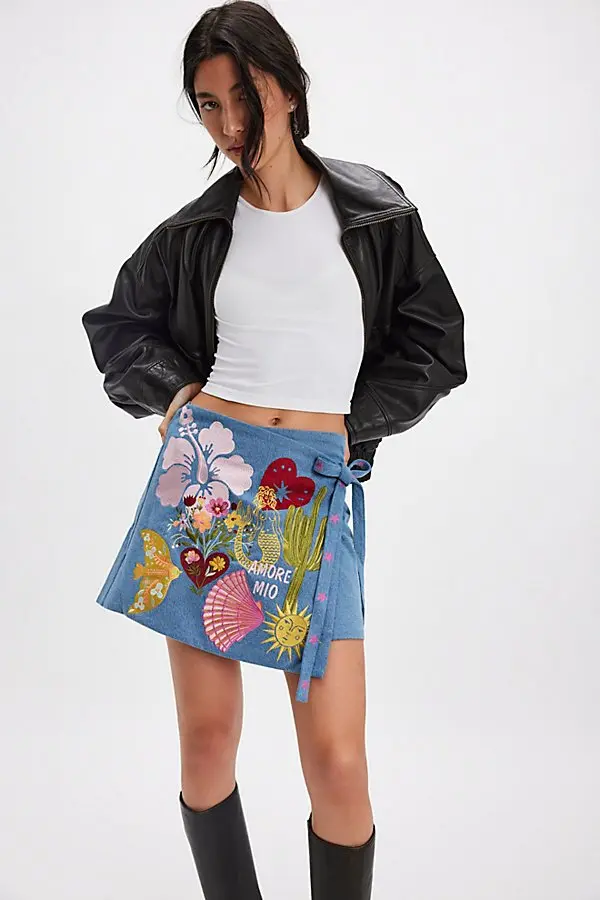 DENIM AND BONE Amore Mio Embroidered Wrap Denim Mini Skirt