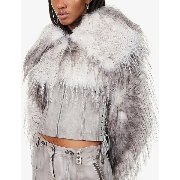 Jaded London Faux-Feather Lace-Up Faux-Leather Jacket - Grey