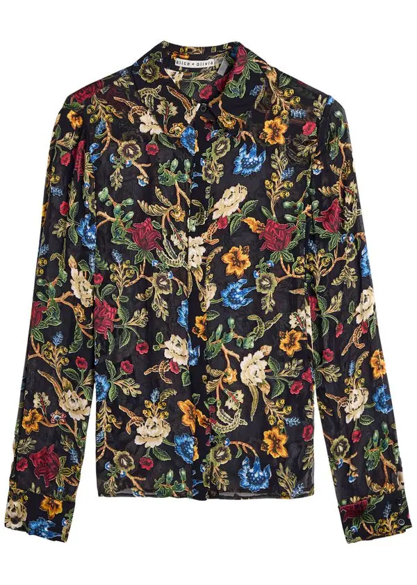 Alice + Olivia Floral-devoré Chiffon Shirt - Black