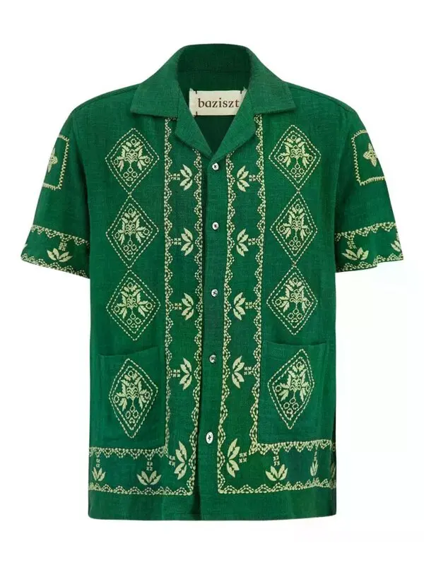BAZISZT Mexican Button-down Embroidered Shirt - Green