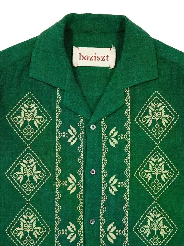 BAZISZT Mexican Button-down Embroidered Shirt - Green