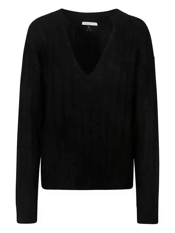 Patrizia Pepe V-neck Ribbed Knit Sweater - Black