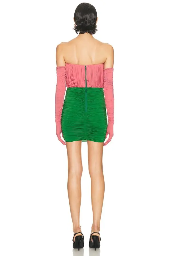 Fwrd Renew Alex Perry Strapless Ruched Mini Dress With Gloves - Garnet Rose  & Emerald | Editorialist
