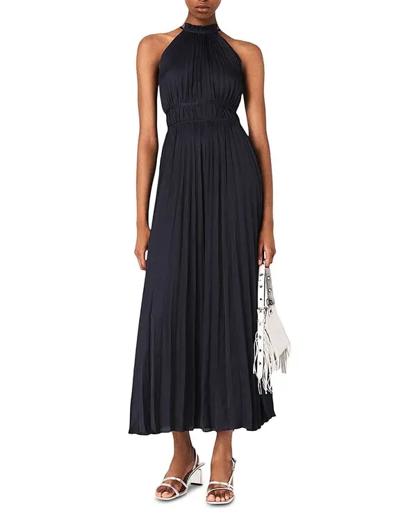 Maje Revilly Pleated Satin Maxi Dress - Navy - 40% Off | Editorialist