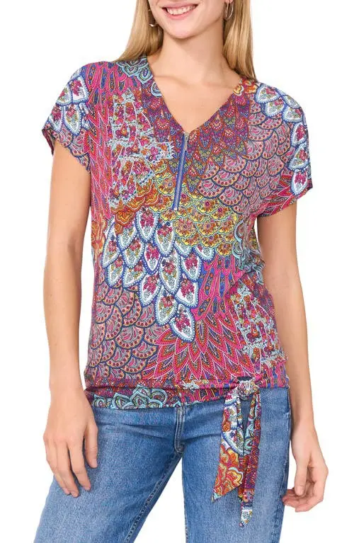 Chaus Peacock Print Zip Front Top