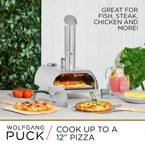 WOLFGANG PUCK Outdoor Pizza Oven, Durable Stainless Steel, Portable Pizza Oven, Compact Storage