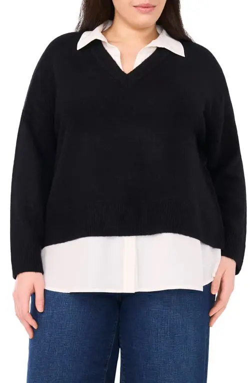 Halogen Layered Look Sweater With Attached Woven Collar And Hem