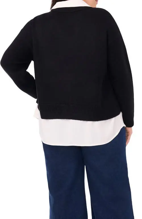 Halogen Layered Look Sweater With Attached Woven Collar And Hem