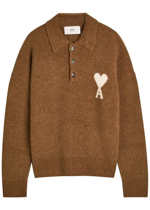 Ami Logo Intarsia Alpaca Blend Polo Jumper - Brown