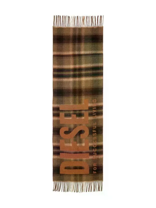DIESEL® Check-pattern Fringed-edge Scarf - Brown