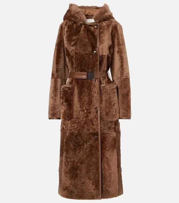 Bogner Belted Hooded Shearling Coat