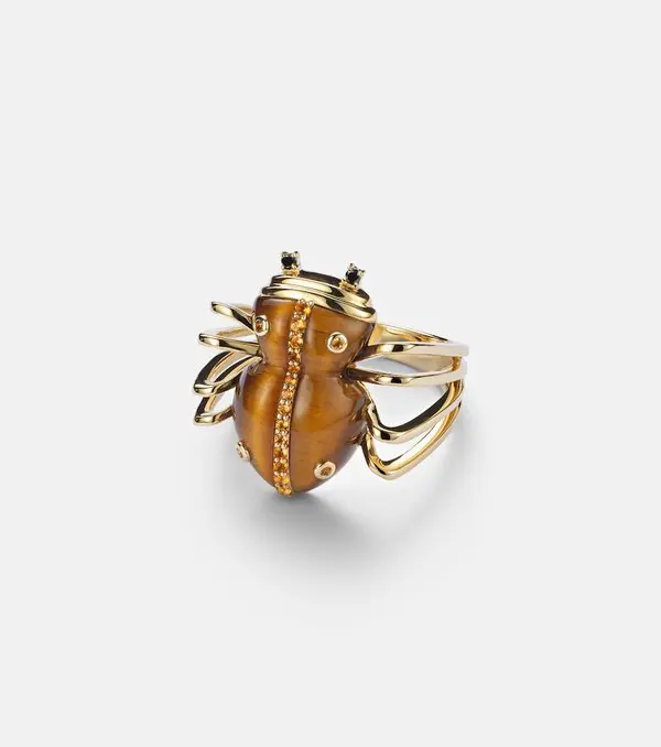 Yvonne Léon Araignée 9kt Yellow Ring With Tiger's Eye, Citrines, And Black Diamonds - Gold