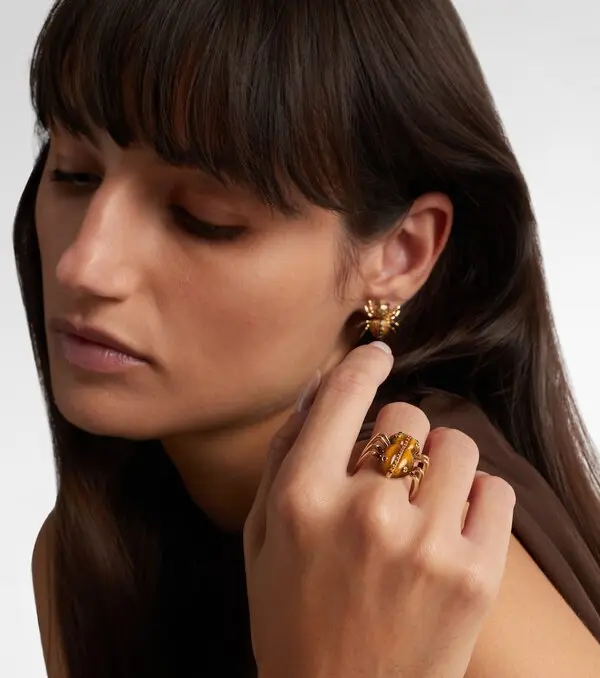 Yvonne Léon Araignée 9kt Yellow Ring With Tiger's Eye, Citrines, And Black Diamonds