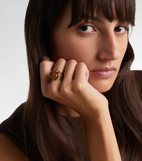 Yvonne Léon Araignée 9kt Yellow Ring With Tiger's Eye, Citrines, And Black Diamonds