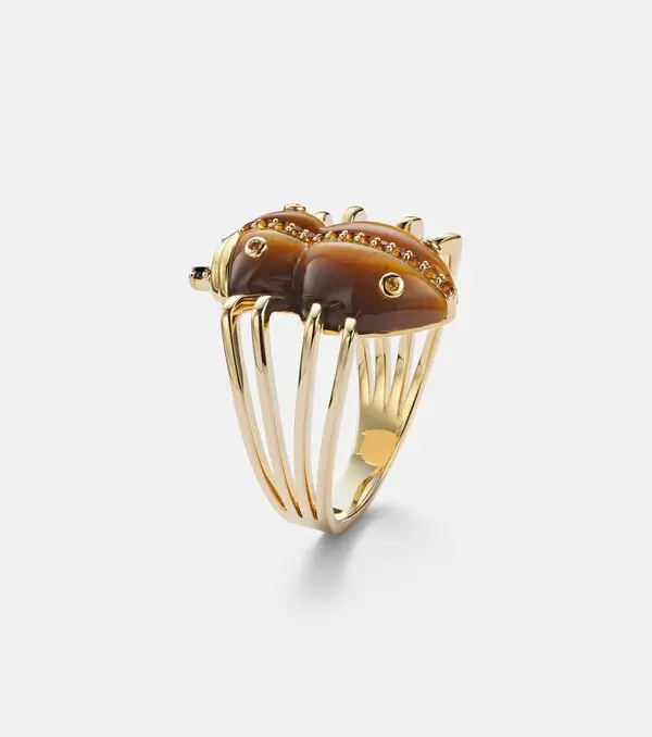 Yvonne Léon Araignée 9kt Yellow Ring With Tiger's Eye, Citrines, And Black Diamonds