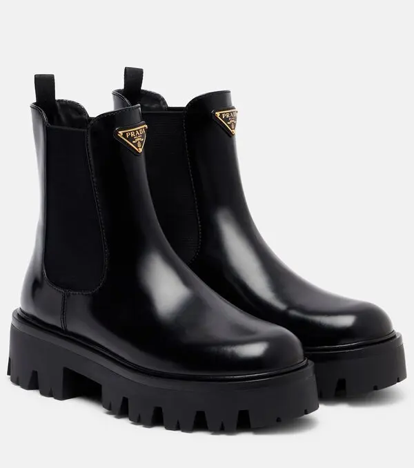 Prada Logo Leather Platform Chelsea Boots - Black