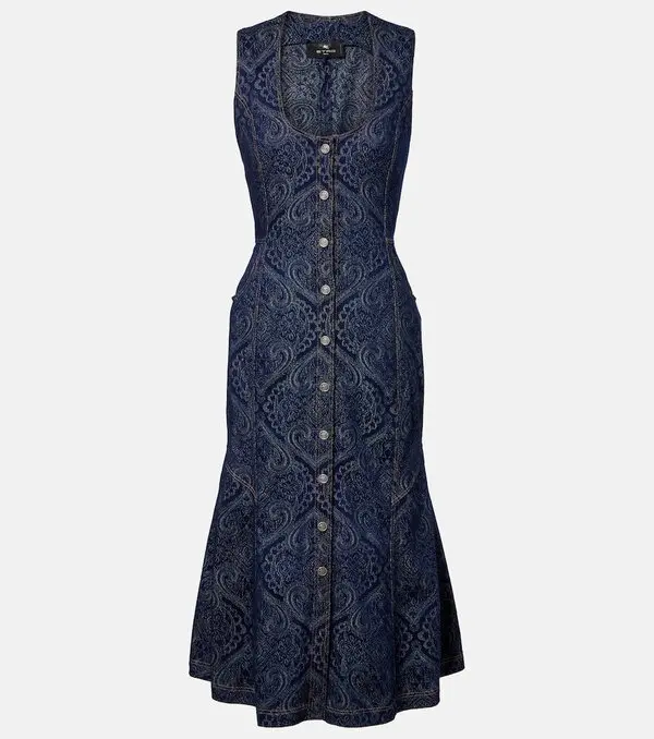 Etro Printed Denim Midi Dress - Blue