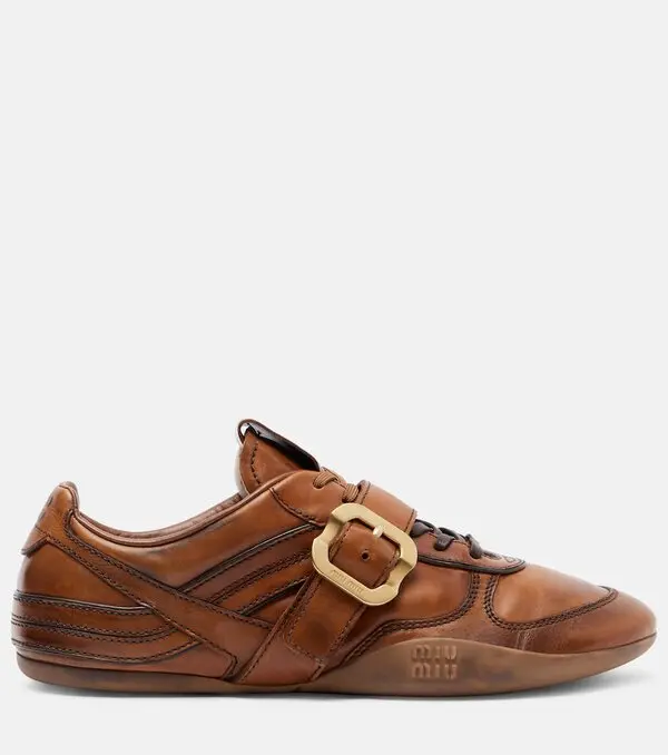 Miu Miu Logo Leather Lace-up Sneakers - Brown