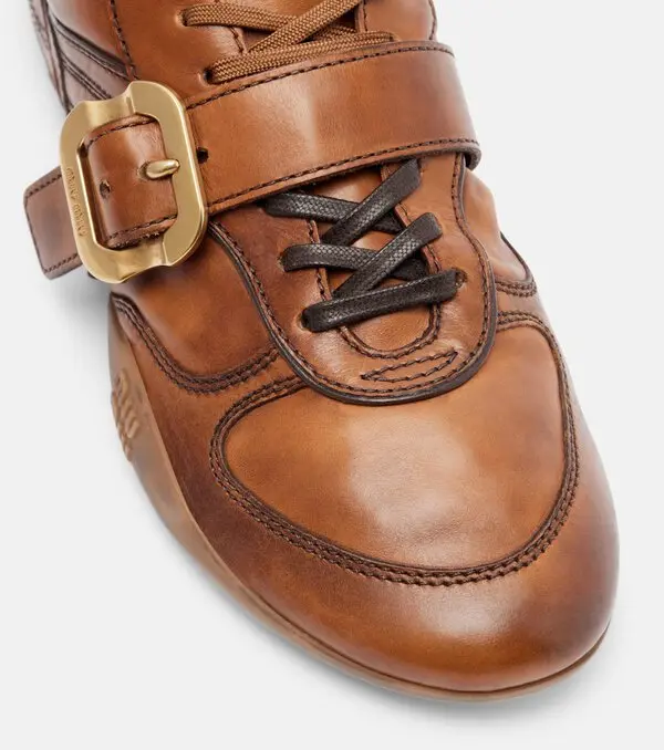 Miu Miu Logo Leather Lace-up Sneakers - Brown