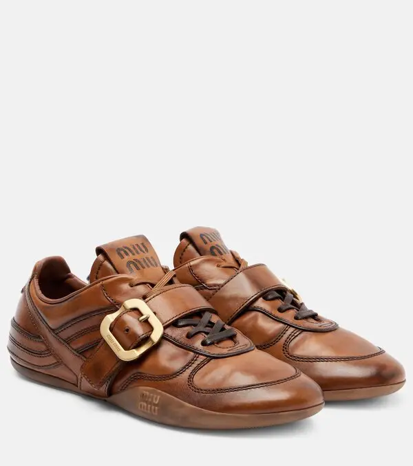 Miu Miu Logo Leather Lace-up Sneakers - Brown