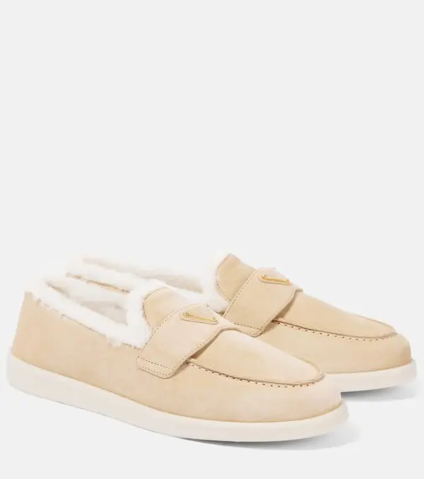 Prada Shearling-lined Suede Loafers - Beige
