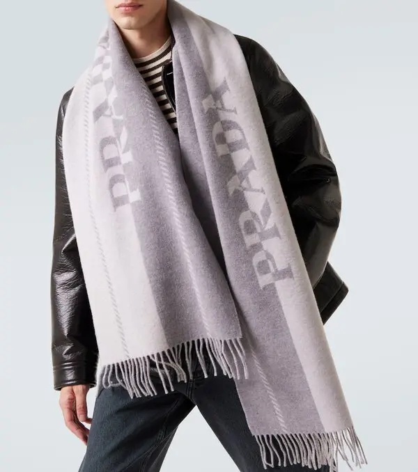 Prada Logo Wool Scarf - Grey