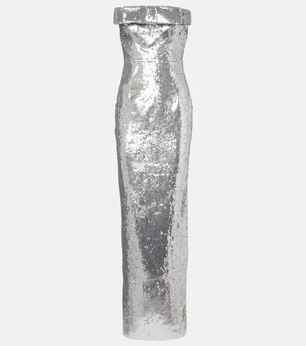THE NEW ARRIVALS ILKYAZ OZEL Sisu Bow-detail Sequined Gown - Silver