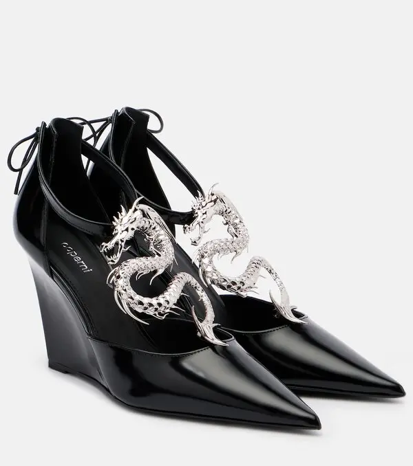 Coperni Dragon Embellished Leather Wedge Pumps - Black