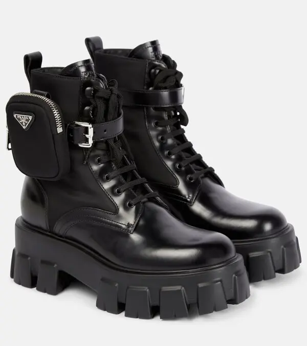Prada Monolith Leather Ankle Boots - Black