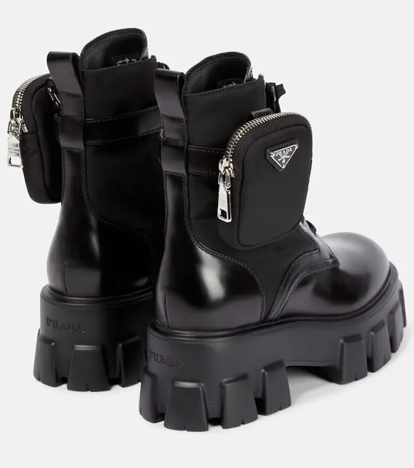 Prada Monolith Leather Ankle Boots - Black