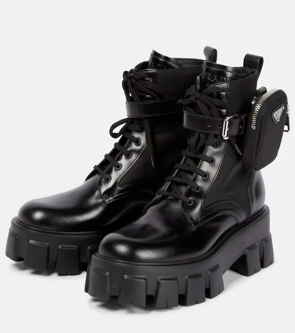 Prada Monolith Leather Ankle Boots - Black