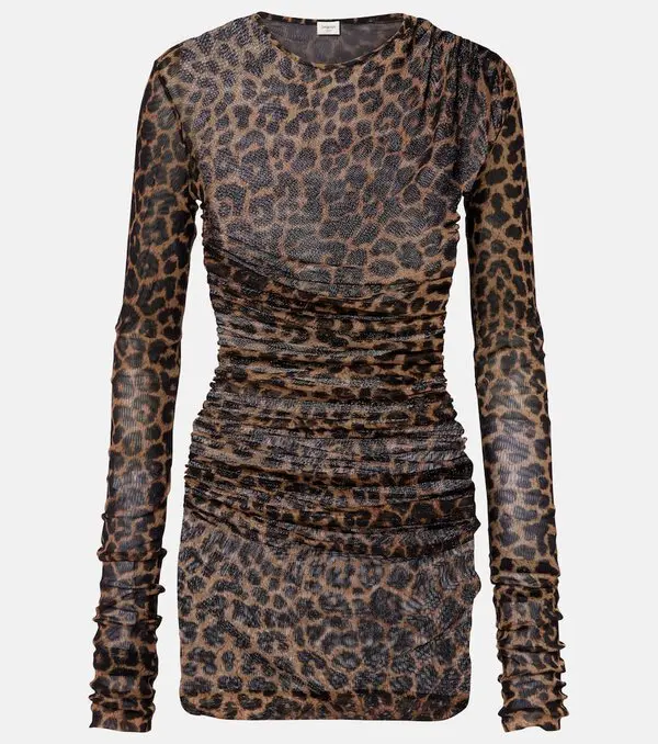 Saint Laurent Leopard-print Ruched Tulle Minidress