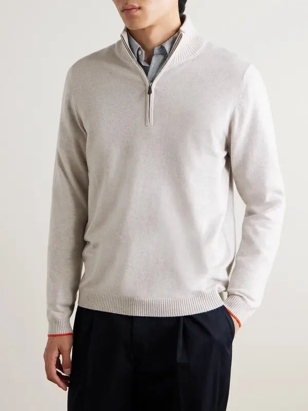 N.peal Cashmere Tucci Leather-trimmed Half-zip Sweater - Gray