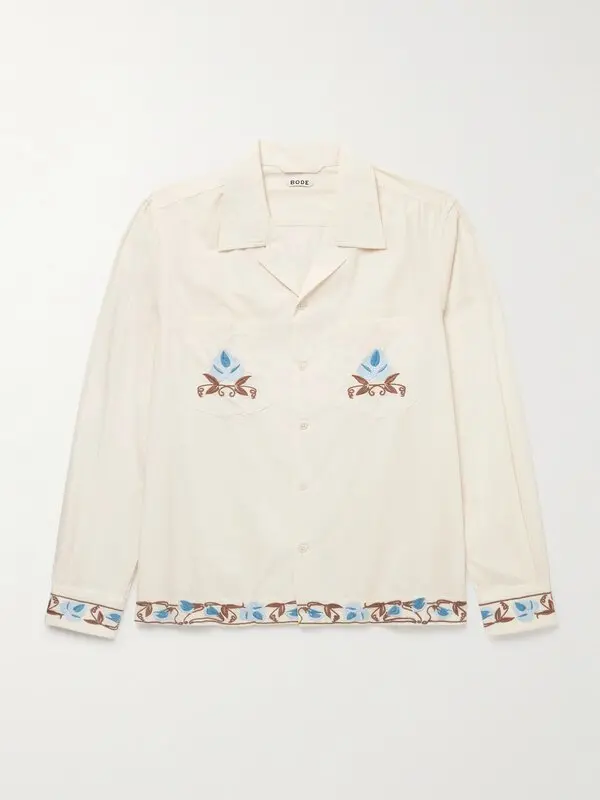 BODE Nouveau Vine Camp-collar Embroidered Cotton-poplin Shirt - White