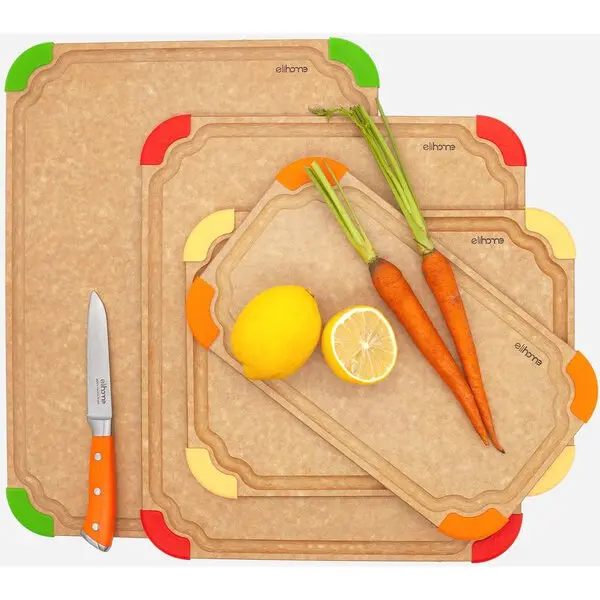 ELI HOME Premium Series 4 Pieces Cutting Board Setnon Slip & Color Code - Brown