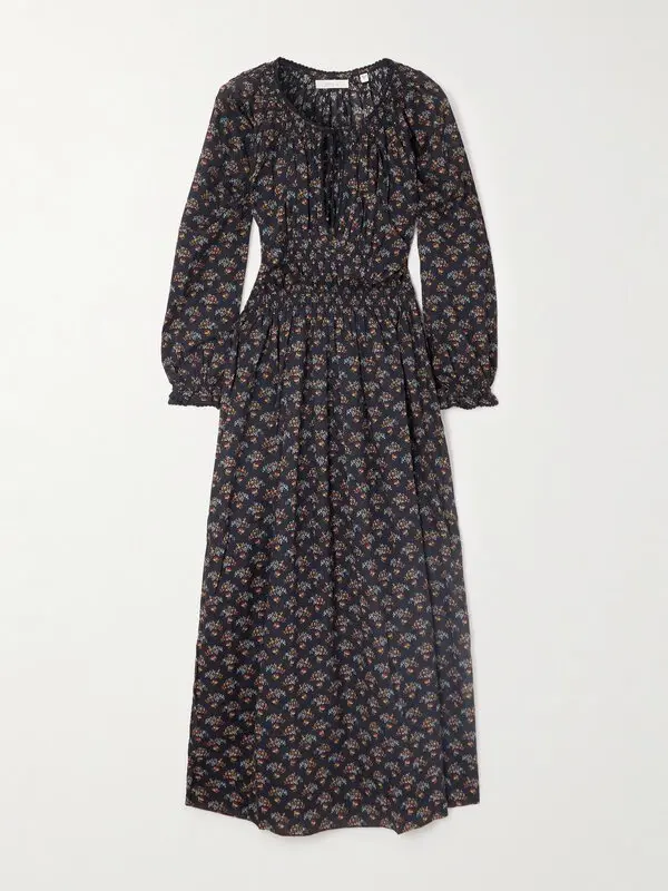 DÔEN Delfina Shirred Floral-print Organic Cotton-voile Midi Dress - Multi