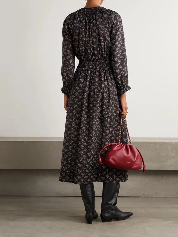 DÔEN Delfina Shirred Floral-print Organic Cotton-voile Midi Dress - Multi