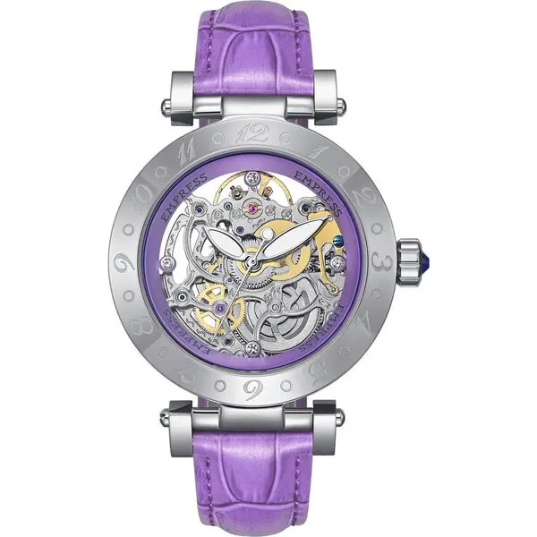 EMPRESS Theodora Automatic Skeleton Leather-band Watch - Purple