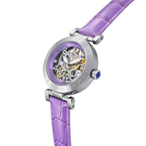 EMPRESS Theodora Automatic Skeleton Leather-band Watch - Purple