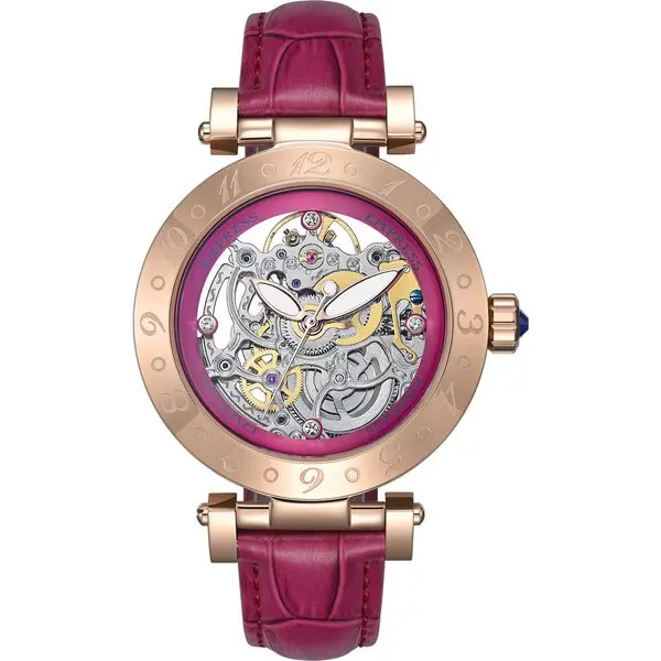 EMPRESS Theodora Automatic Skeleton Leather-band Watch - Red