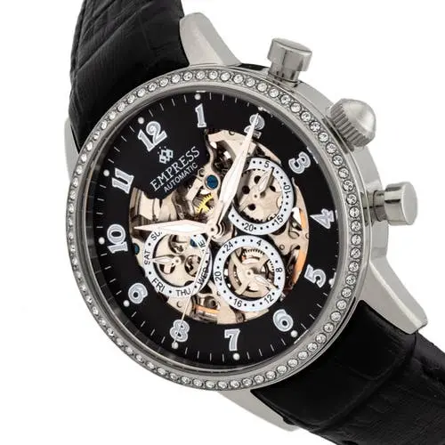 EMPRESS Beatrice Automatic Skeleton Dial Leather-band Watch With Day & Date - Black