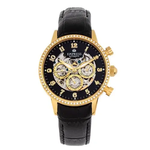 EMPRESS Beatrice Automatic Skeleton Dial Leather-band Watch With Day & Date - Metallic Gold